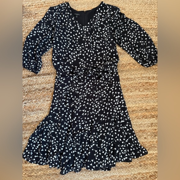 Dresses | Talbots 12 Petite Black White Floral 34 Sleeve Ruffle Bottom ...